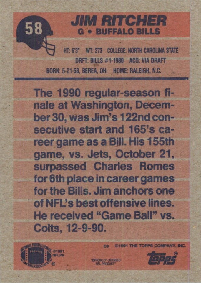 1991 Topps NFL Jim Ritcher #58 | eBay