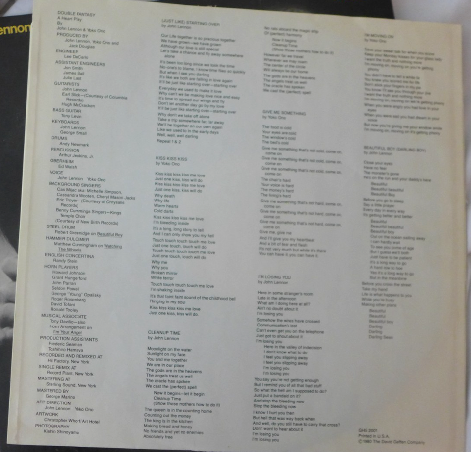 John Lennon & Yoko Ono Double Fantasy Vinyl LP Geffen Records Press GHS ...