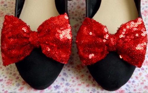 PAIR SEQUIN SPARKLE FABRIC BOW SHOE CLIPS RETRO VINTAGE STYLE GLAMOUR ...