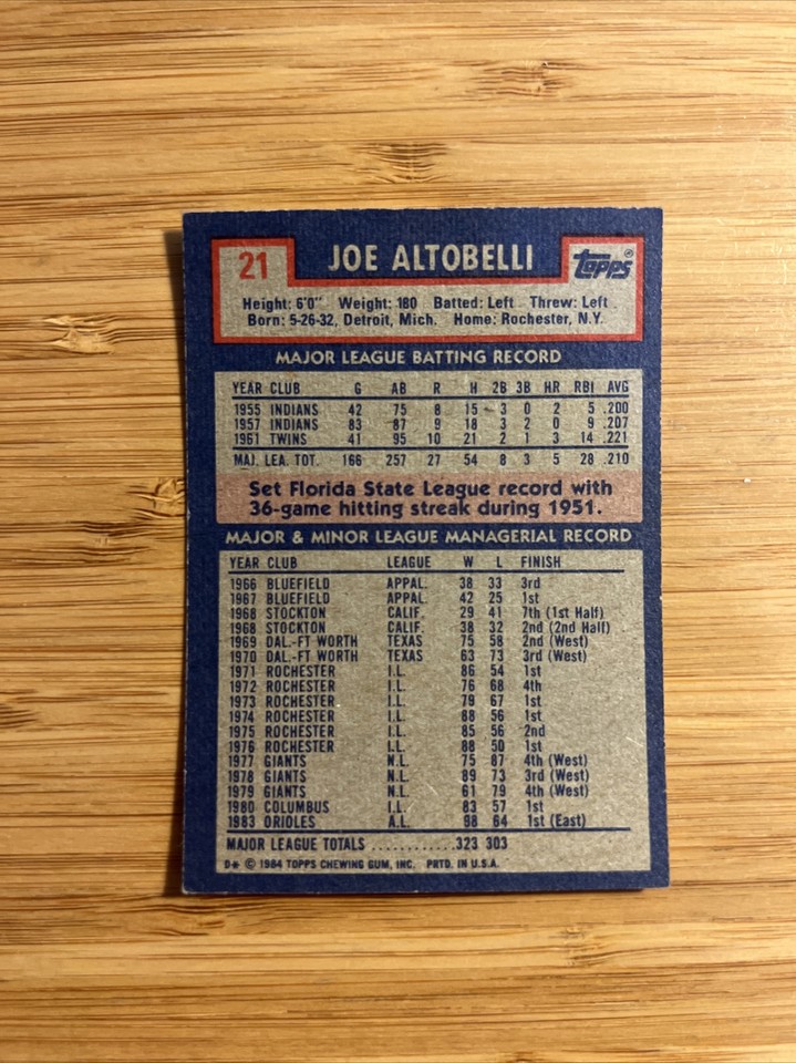 Autographed Signed Baseball Card Joe Altobelli Orioles | eBay