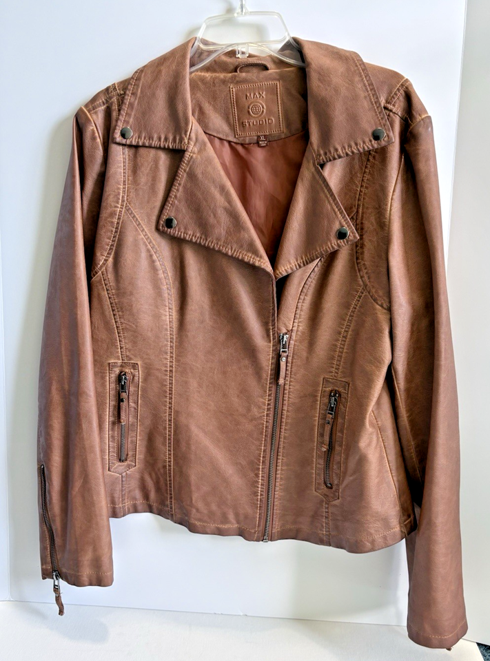 Max Studio Women’s Vegan Leather Lined Moto Jacket Size XL - Camel, Zip ...