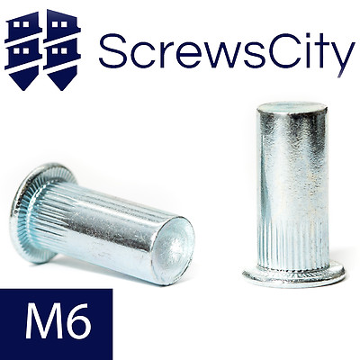 M6 (6mm Ø) BLIND RIVET NUTS CYLINDRICAL SHANK CLOSED END FLAT HEAD ZINC ...