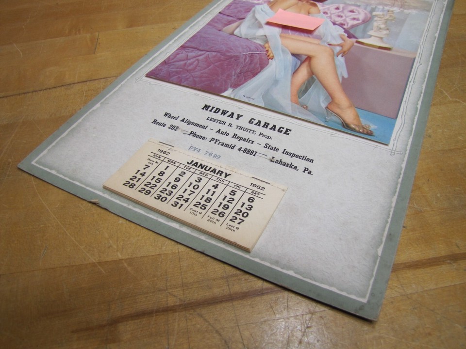 1962 MIDWAY GARAGE LAHASKA PA Orig Old Pinup Calendar Sign 'Waiting ...