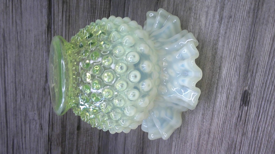 VTG. Fenton Topaz opalescent hob nail uranium glass vase glows 4" high ...