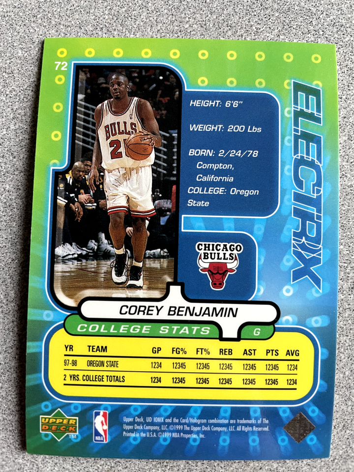 1998-99 UD Ionix Electrix Corey Benjamin Rookie Card #72 Chicago Bulls ...
