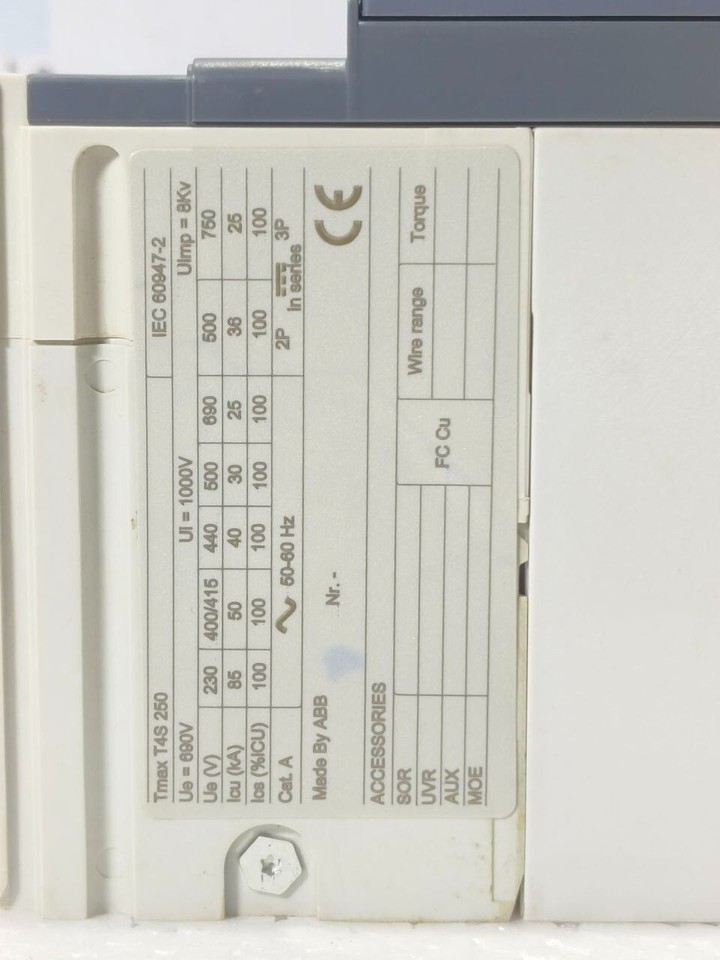 ABB TMAX T4S 250 250A 3POLE PR222DS/P CIRCUIT BREAKER 30kA at 500V ...