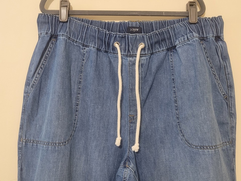 J Crew Womens Denim Pull On Chambray Pant 34 Blue Drawstring Ankle Jean ...
