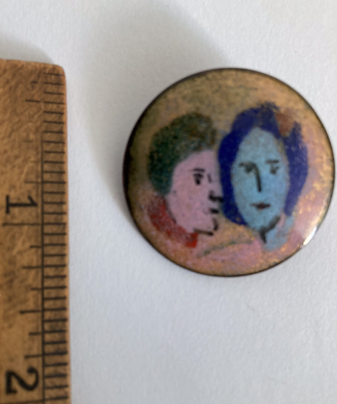 Modern Artisan Pin Two Faces Man Blue Woman Painted Enamel on Copper ...