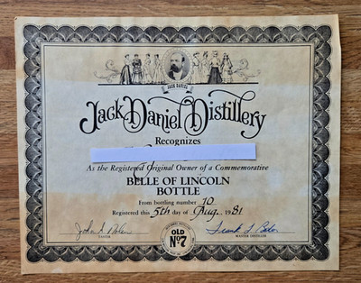 JACK DANIELS August 5th 1981 BELLE OF LINCOLN BOTTLE CERTIFICATE | eBay