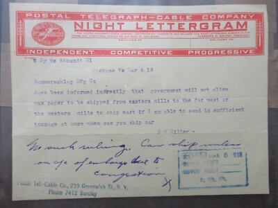 1918 Antique Telegram, WW1, Government prohibits Shipping East-West ...