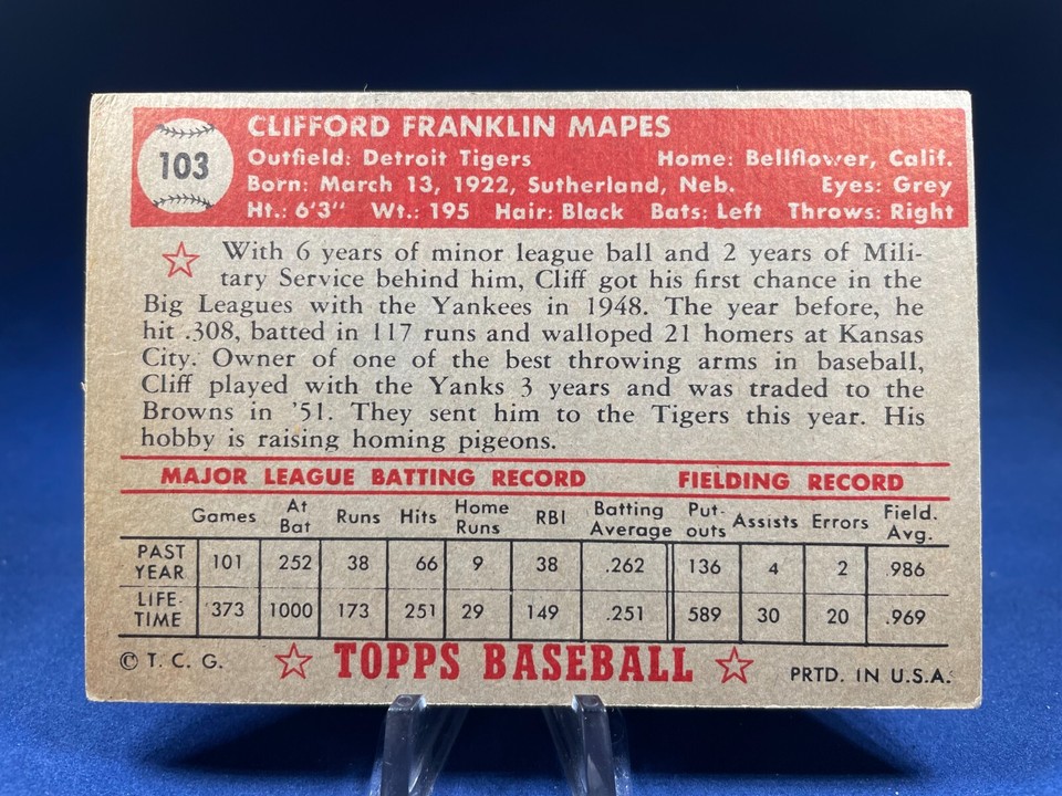 1952 Topps Baseball Card Cliff Mapes #103 Detroit Tigers | eBay