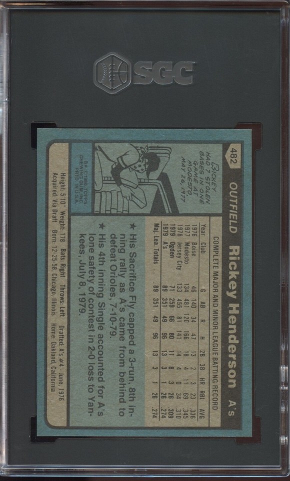 1980 Topps Rickey Henderson #482 - HOF Rookie RC - SGC 10 GEM MINT | eBay