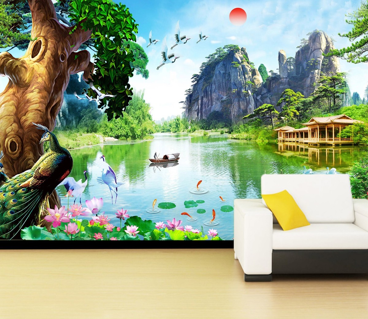 Pond Mural Living Room Idyllic Balcony Overlooking Pond And Garden