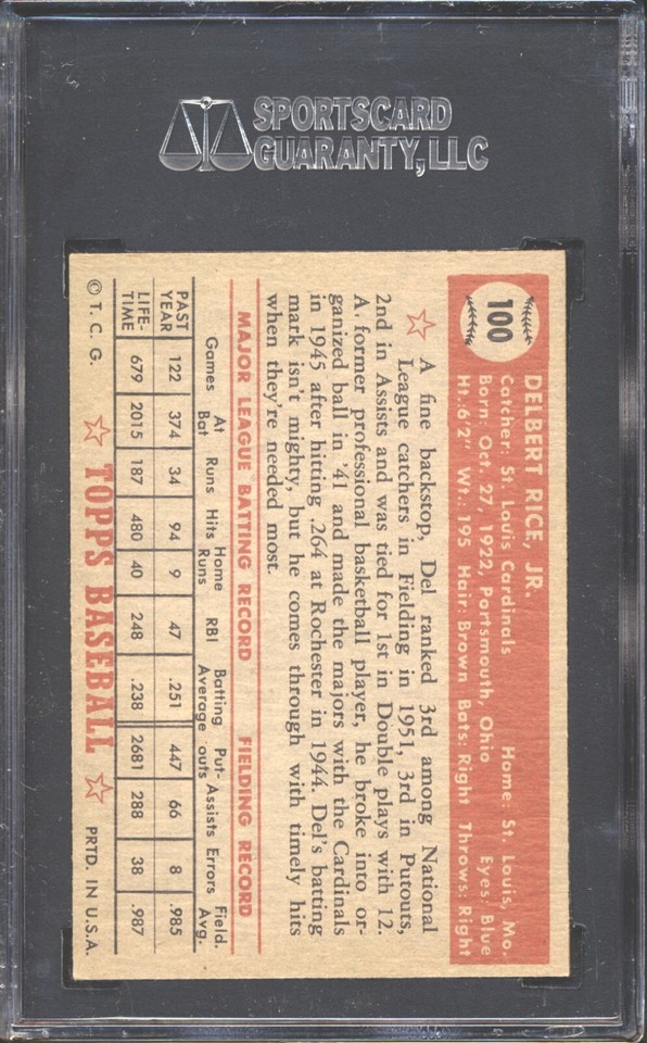 1952 Topps Baseball Del Rice #100 SGC 84 7 CARDINALS NM | eBay