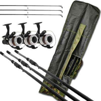 Carp Fishing Setup 3 x 12ft 3pc Rods and 2bb Reels With Line & 3+3 Camo ...