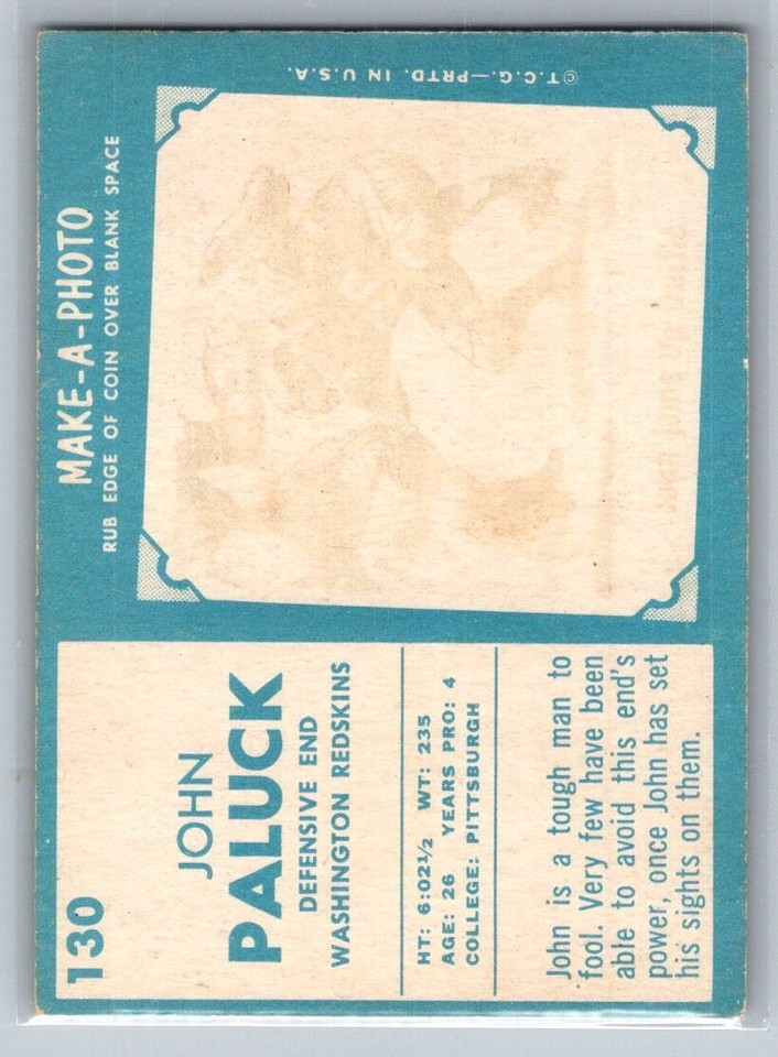 1961 Topps John Paluck #130 Rookie RC Redskins | eBay