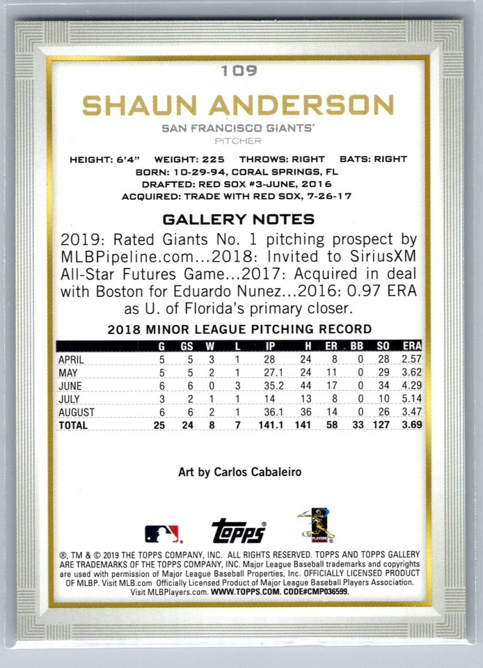 2019 Topps Gallery Baseball #109 Shaun Anderson RC San Francisco Giants ...