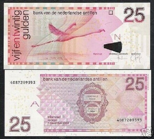 Netherlands Antilles 25 GULDEN P-29 2003 FLAMINGO World Currency Dutch ...