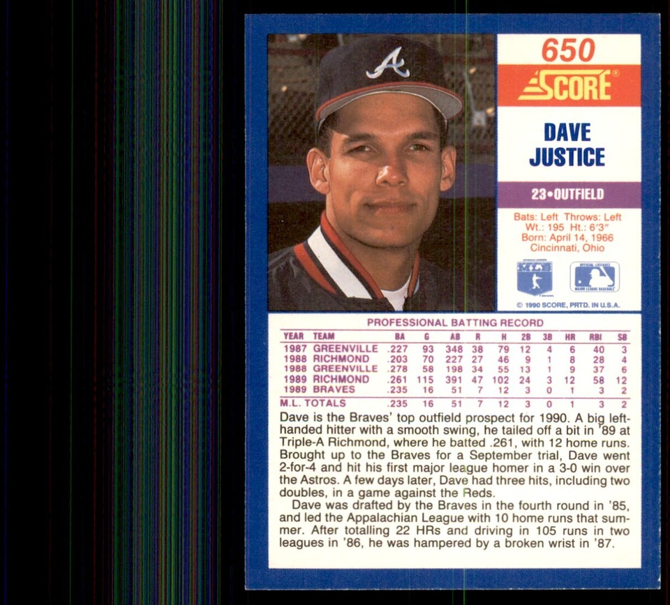 1990 Score. Dave Justice Rookie Baseball Cards #650 | eBay