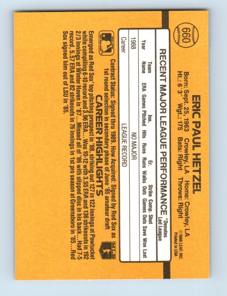 1989 Donruss Eric Hetzel Rookie Boston Red Sox #660 | eBay