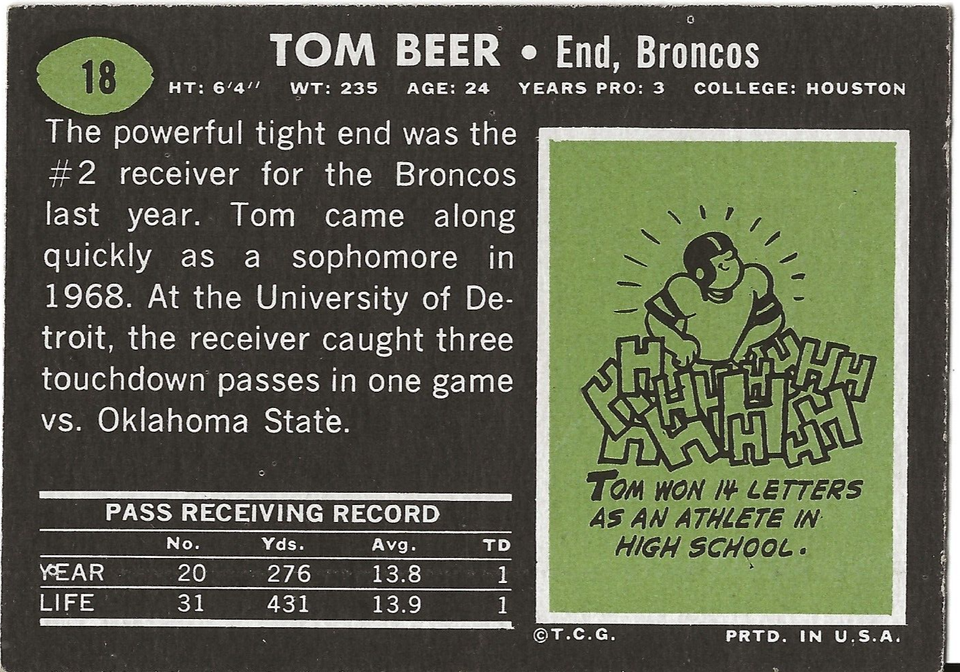 1969 Topps Football Tom Beer #18 Denver Broncos (EX+/NM) | eBay