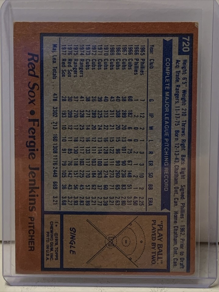 1978 Topps Fergie Jenkins Baseball Card Boston Red Sox #720 | eBay