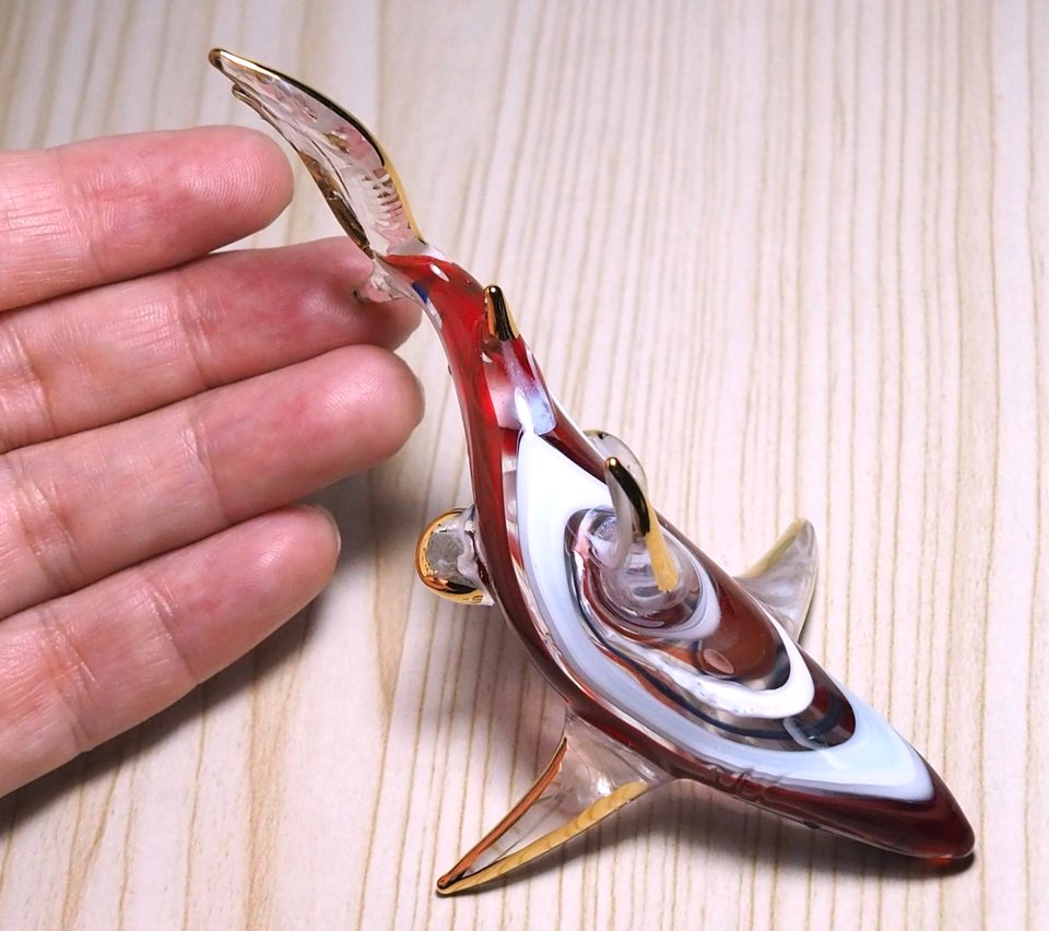 Maroon Blue Shark figurine handmade blown glass art gold trim 4.25 ...