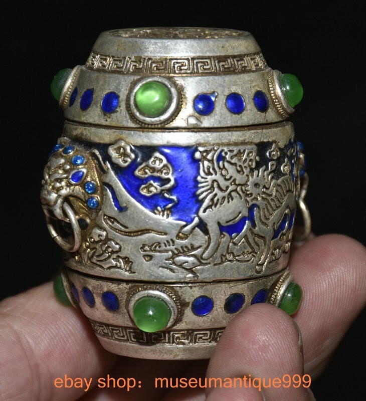 2.4" Old China Chinese Silver inlay Green gem beast head Qilin barrel ...