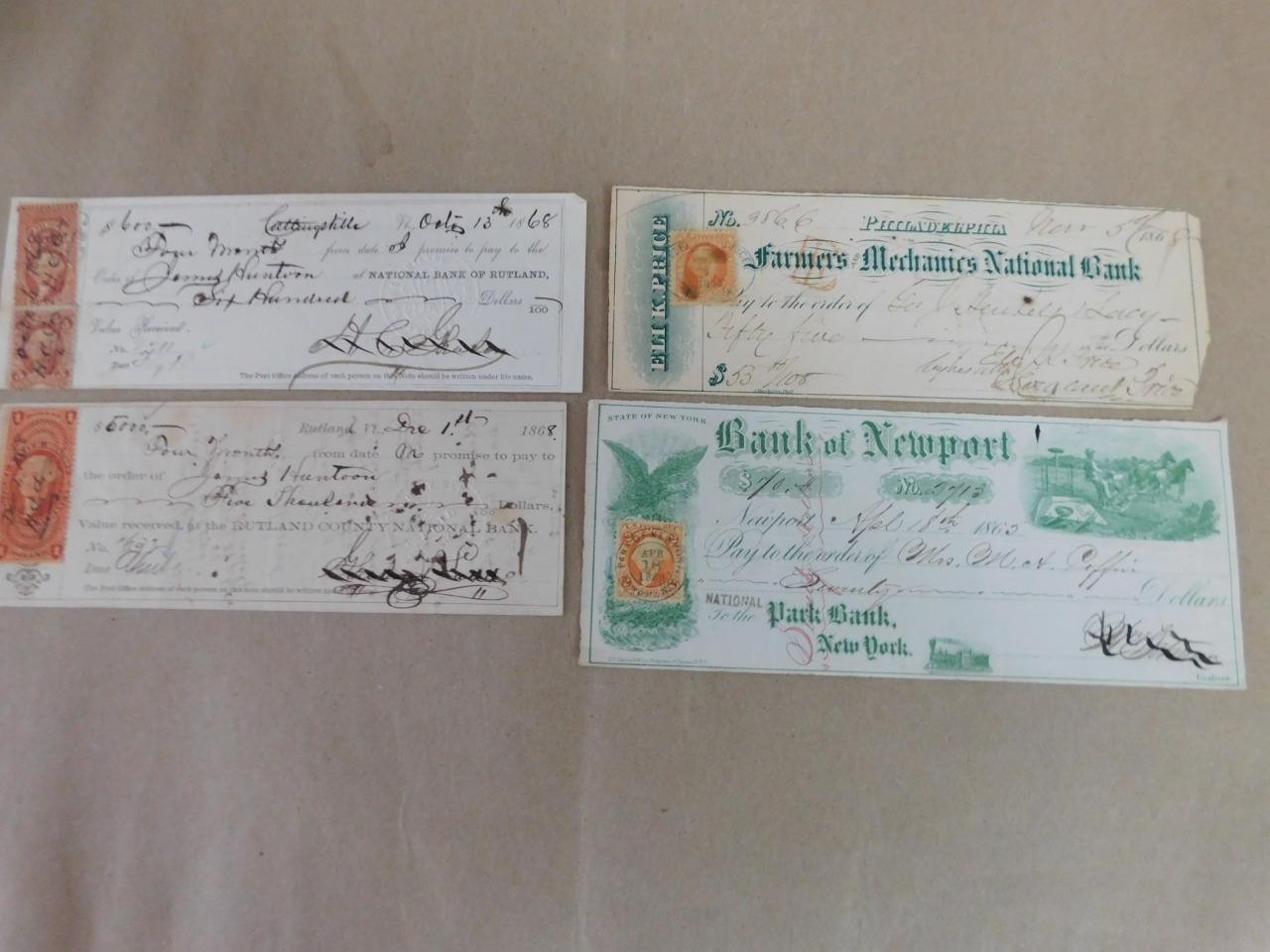 REVENUE STAMPED CHECKS, 4 DIFFERENT BANK CHECKS WITH REVENUE STAMPS ...