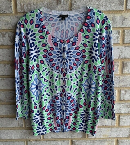 Talbots Cardigan Mosaic Stained Glass Pattern Sweater Women's Size M ...