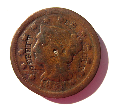 1851 LARGE CENT COPPER PENNY 1C BRAIDED HEAD RARE COUNTERSTAMPED E.R ...