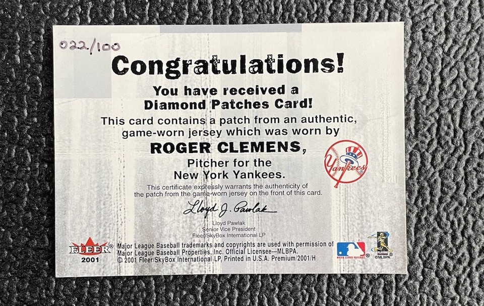 🔥1/1! ROGER CLEMENS 2001 FP DIAMOND PATCHES GAME USED JERSEY PATCH #d ...