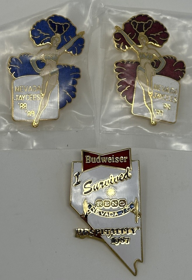 Nevada Jaycees Lot Of 3 Vintage Pins Dancer Show Girls & Budweiser Reno ...