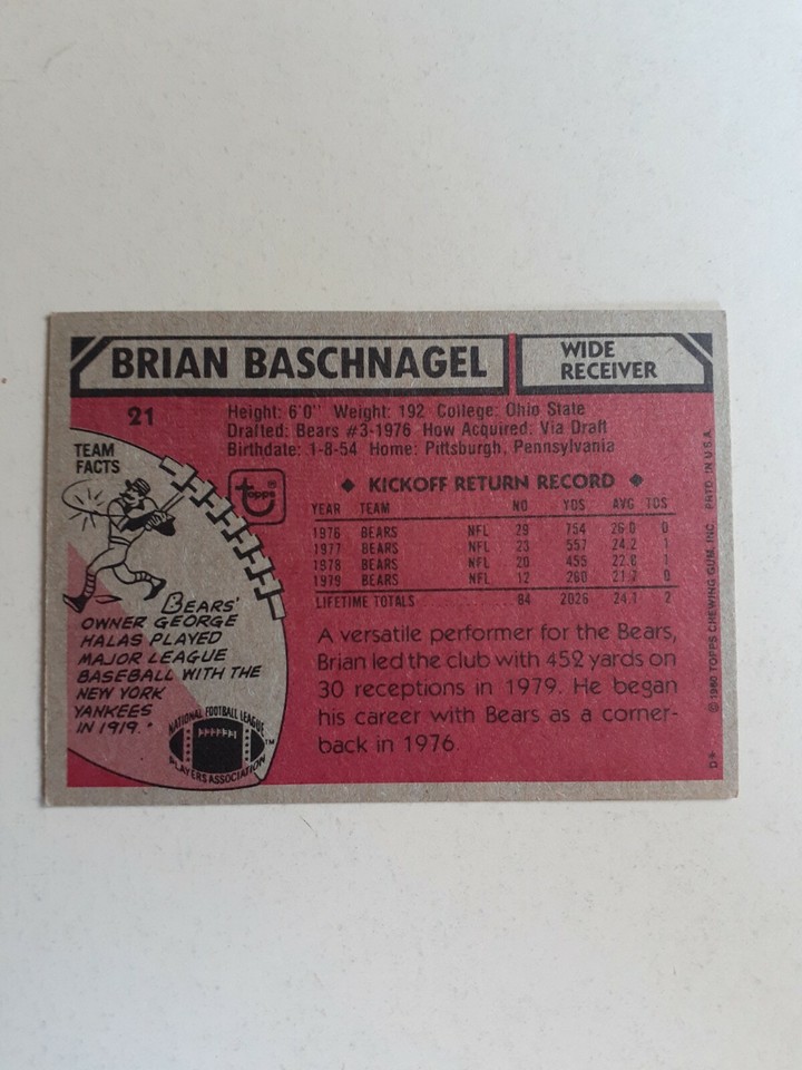 1980 Topps Football #21 Brian Baschnagel Chicago Bears | eBay