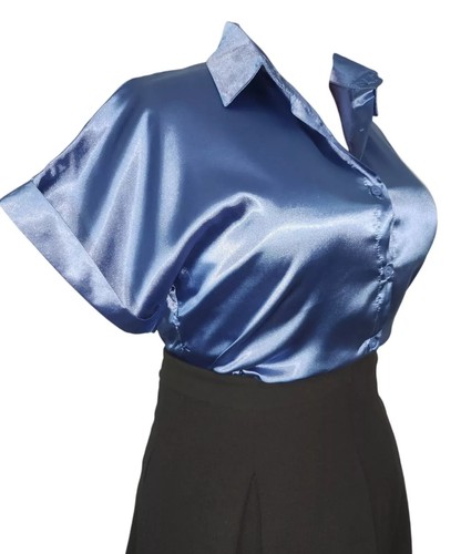 Blue glossy satin short sleeve roll cuff blouse. 42"/44" bust. New size ...
