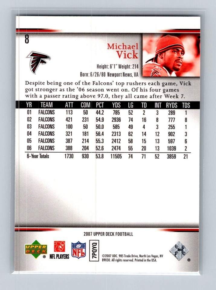 2007 Upper Deck #8 Michael Vick Atlanta Falcons Football Card | eBay