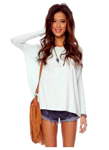 Women's Plain Loose Fit Draped Oversized T Shirt Batwing Slouch Top 8 ...
