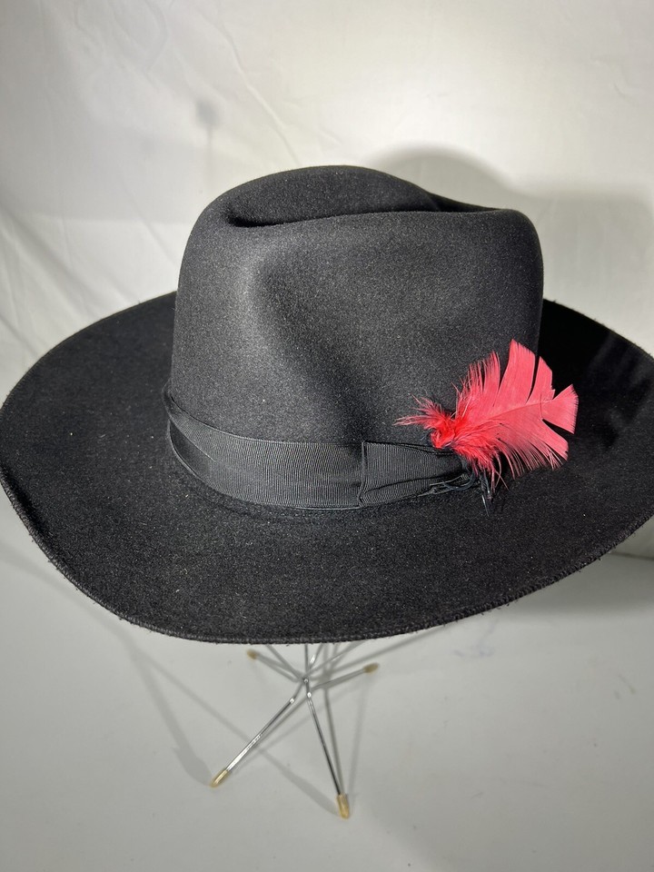 Vintage Black Felt Borsalino Fedora Hat w Feather .. Gangster .. Pimp ...