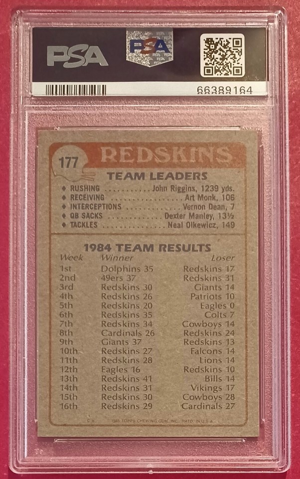 1985 Topps Football #177 Redskins Team Leaders card PSA 9 Mint! John ...