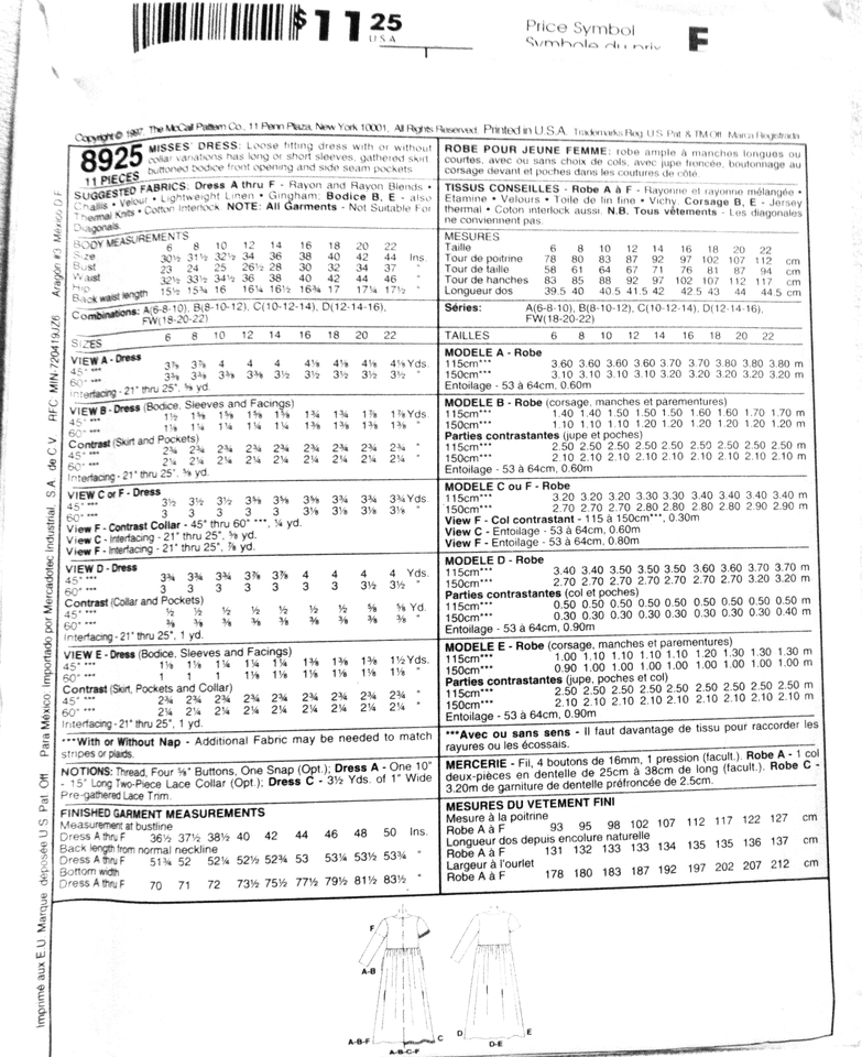 MCALLS PATTERN 8925 8 EASY LOOK IN 1 LOOSE FIT DRESS W VARIATION SZ 12 ...