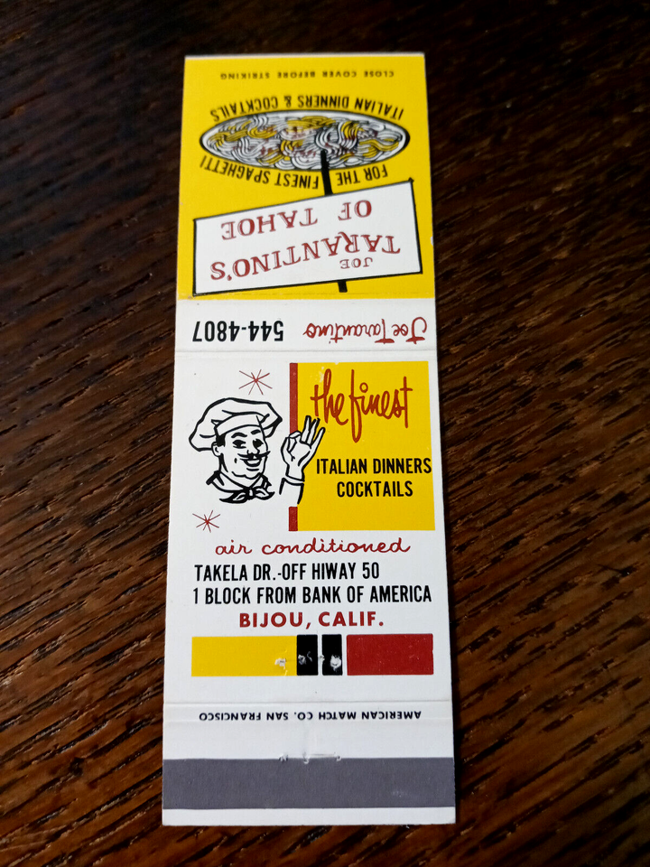 Vintage Matchbook: Joe Tarantino's of Tahoe, Bijou, CA | eBay