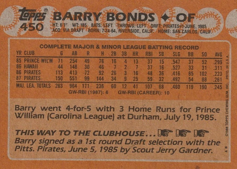 Barry Bonds 1988 Topps #450 Pittsburgh Pirates MLB Card- Free Shipping ...