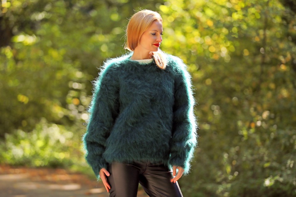 Green fuzzy mohair sweater hand knit soft top fluffy thick jumper ...