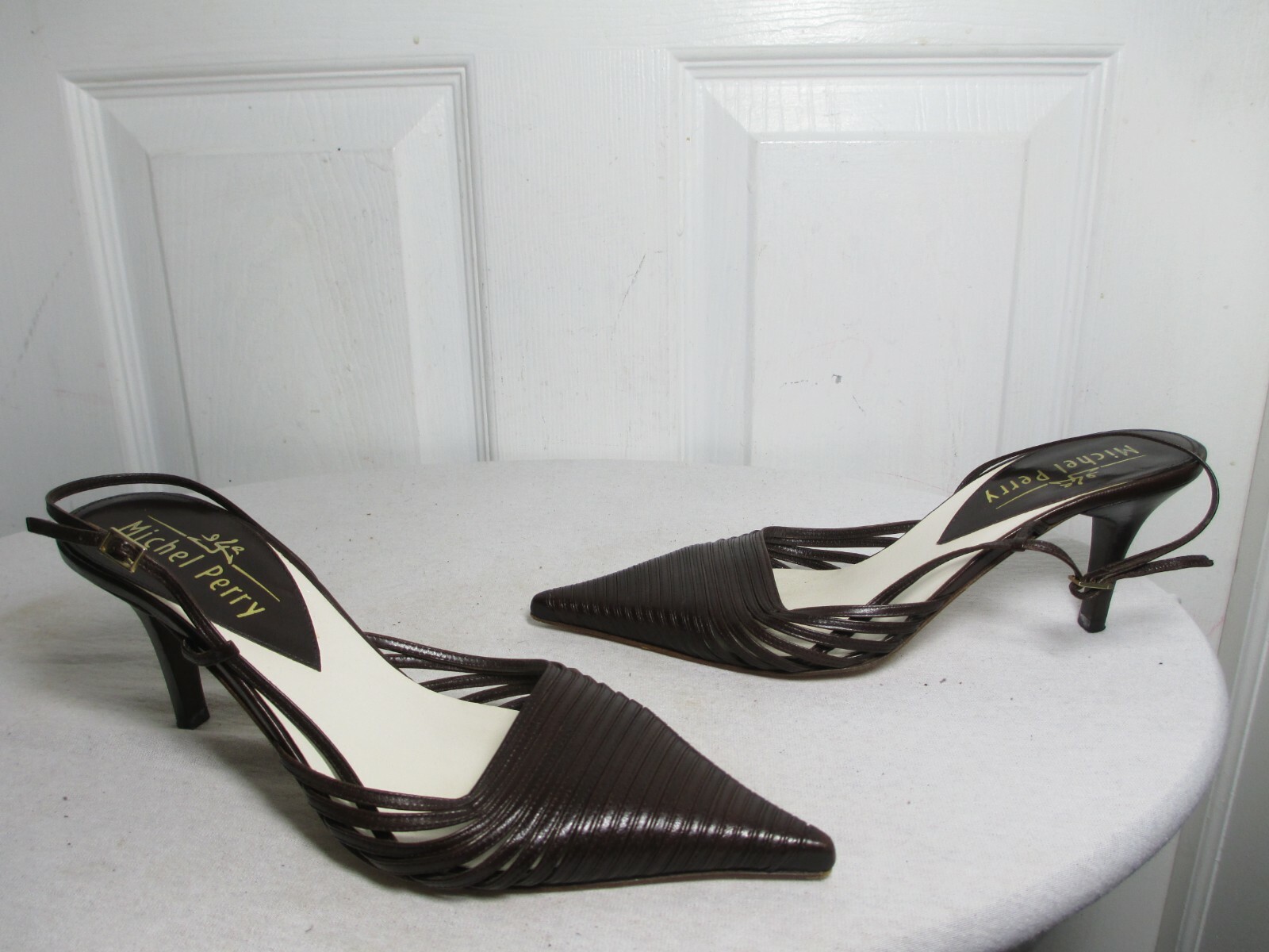 MICHEL PERRY BROWN LEATHER SLINGBACKS HEELS 37 US 6.5… - Gem