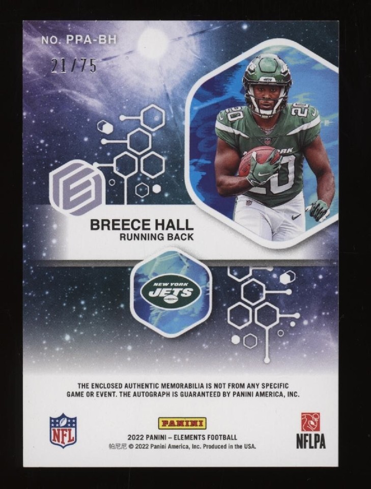 2022 Breece Hall Panini Elements 3 Color Patch Auto Autograph Rookie Rc ...