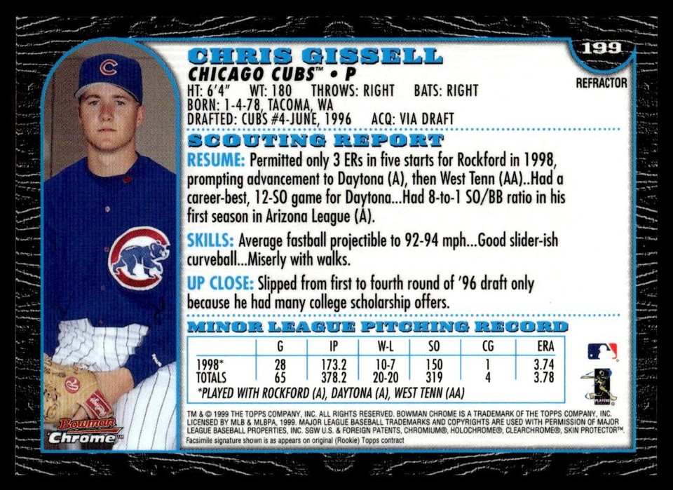 1999 Bowman Chrome #199 Chris Gissell Prospect Refractors Chicago Cubs ...