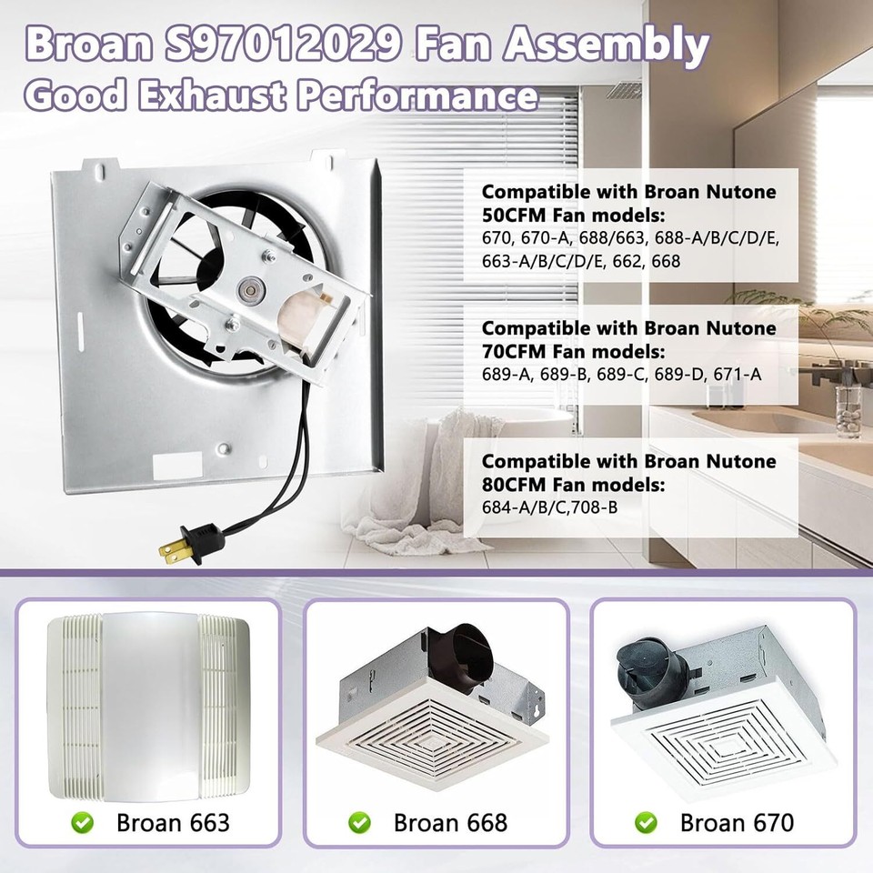 S97012029 Bathroom Fan Motor Assembly for Broan 663-B, 688-B, 663-C ...