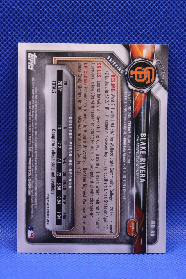 2018 Bowman Draft Sky Blue /499 Blake Rivera #BD-80 San Francisco ...