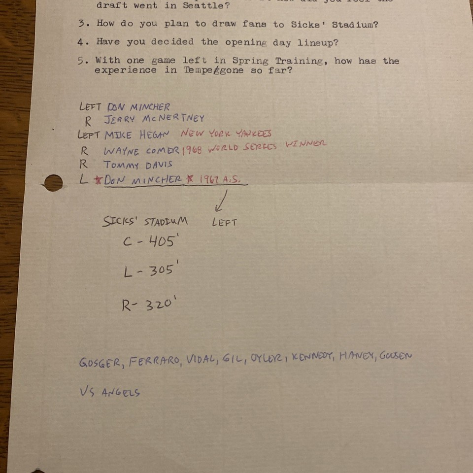 1969 Seattle Pilots Spring Training Interview Notes Warner Fusselle Joe ...