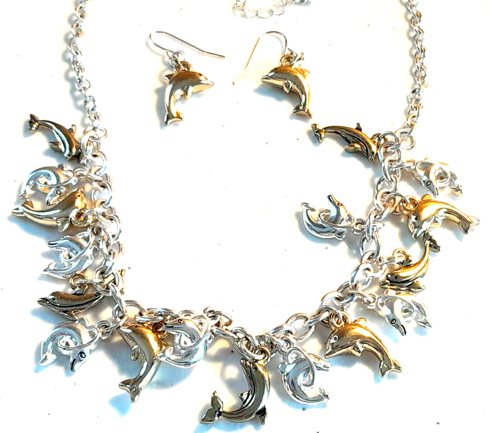 Dolphin Love w/ Gold & Silver Tone 18" Chain Necklace & Drop/Dangle ...